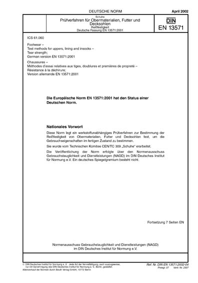 DIN EN 13571:2002 DE - Schuhe - Prüfverfahren für Obermaterialien ...