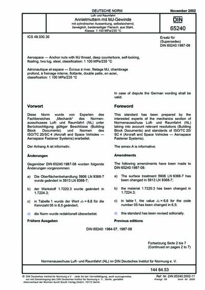 DIN 65240:2002 - Aerospace - Anchor nuts with MJ thread, deep ...