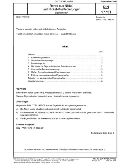 DIN 17751:2002 DE - Rohre aus Nickel und Nickel-Knetlegierungen ...