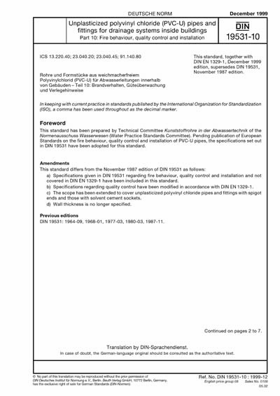 DIN 19531-10:1999 - Unplasticized polyvinyl chloride (PVC-U) pipes and ...