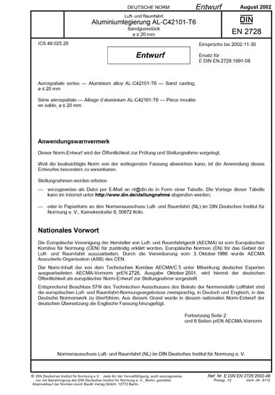 DIN EN 2728:2002 - Aerospace series - Aluminium alloy Al-C42101-T6 ...
