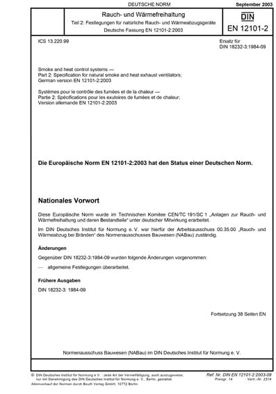DIN EN 12101-2:2003 DE - Rauch- und Wärmefreihaltung - Teil 2 ...