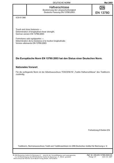 DIN EN 13780:2003 DE - Haftverschlüsse - Bestimmung der ...
