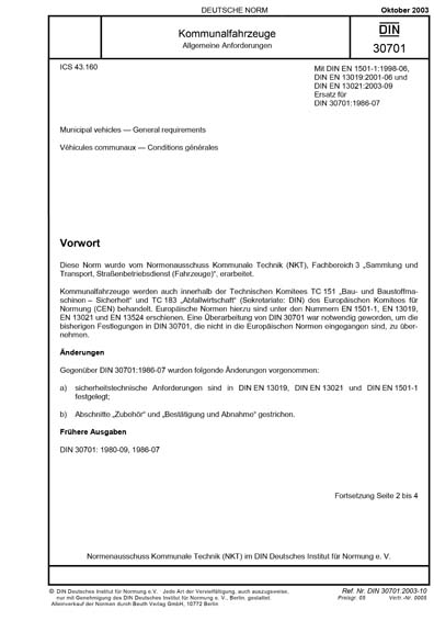 DIN 30701:2003 DE - Kommunalfahrzeuge - Allgemeine Anforderungen