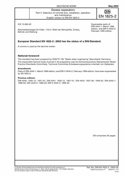 DIN EN 1825-2:2002 - Grease separators - Part 2: Selection of nominal ...