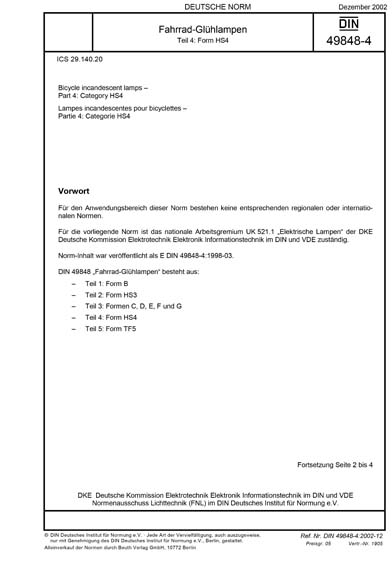 DIN 49848-4:2002 DE - Fahrrad-Glühlampen - Teil 4: Form HS4 (Foreign ...