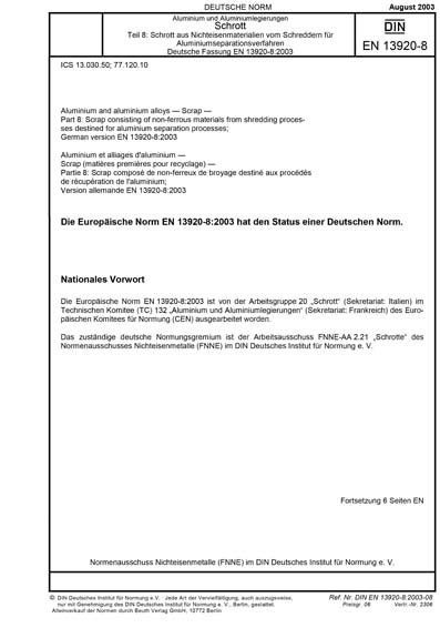 DIN EN 13920-8:2003 DE - Aluminium und Aluminiumlegierungen - Schrott ...
