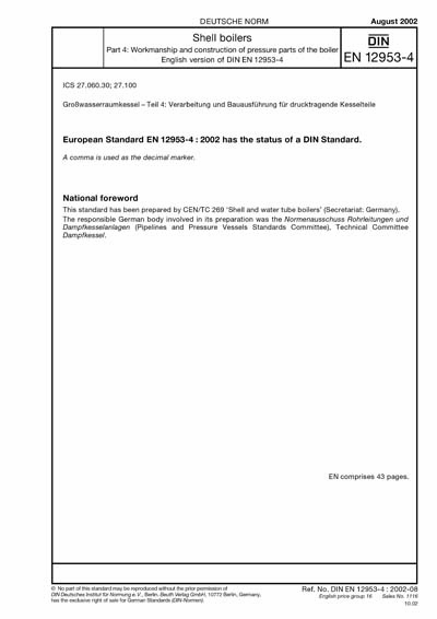 DIN EN 12953-4:2002 - Shell boilers - Part 4: Workmanship and ...