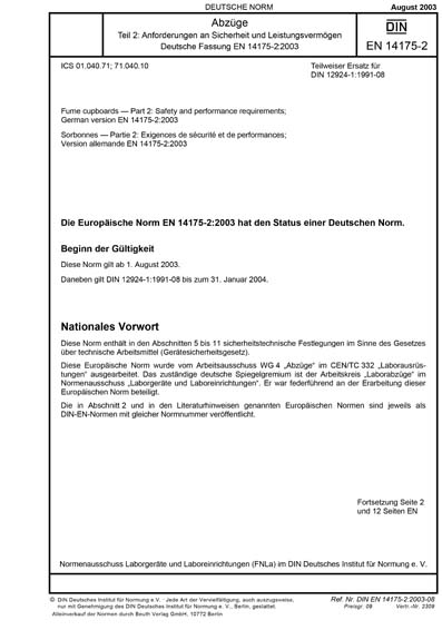 DIN EN 14175-2:2003 DE - Abzüge - Teil 2: Anforderungen an Sicherheit ...