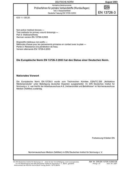 DIN EN 13726-3:2003 DE - Nichtaktive Medizinprodukte - Prüfverfahren ...