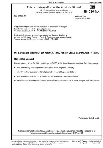 DIN EN 286-1/A1:2002 DE - Einfache unbefeuerte Druckbehälter für Luft ...