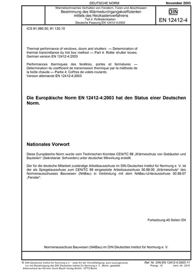 DIN EN 12412-4:2003 DE - Wärmetechnisches Verhalten von Fenstern, Türen ...