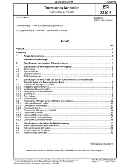 DIN 2310-6:2003 DE - Thermisches Schneiden - Teil 6: Einteilung, Prozesse