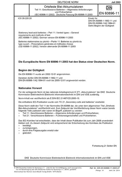 DIN EN 60896-11:2003 DE - Ortsfeste Blei-Akkumulatoren - Teil 11 ...