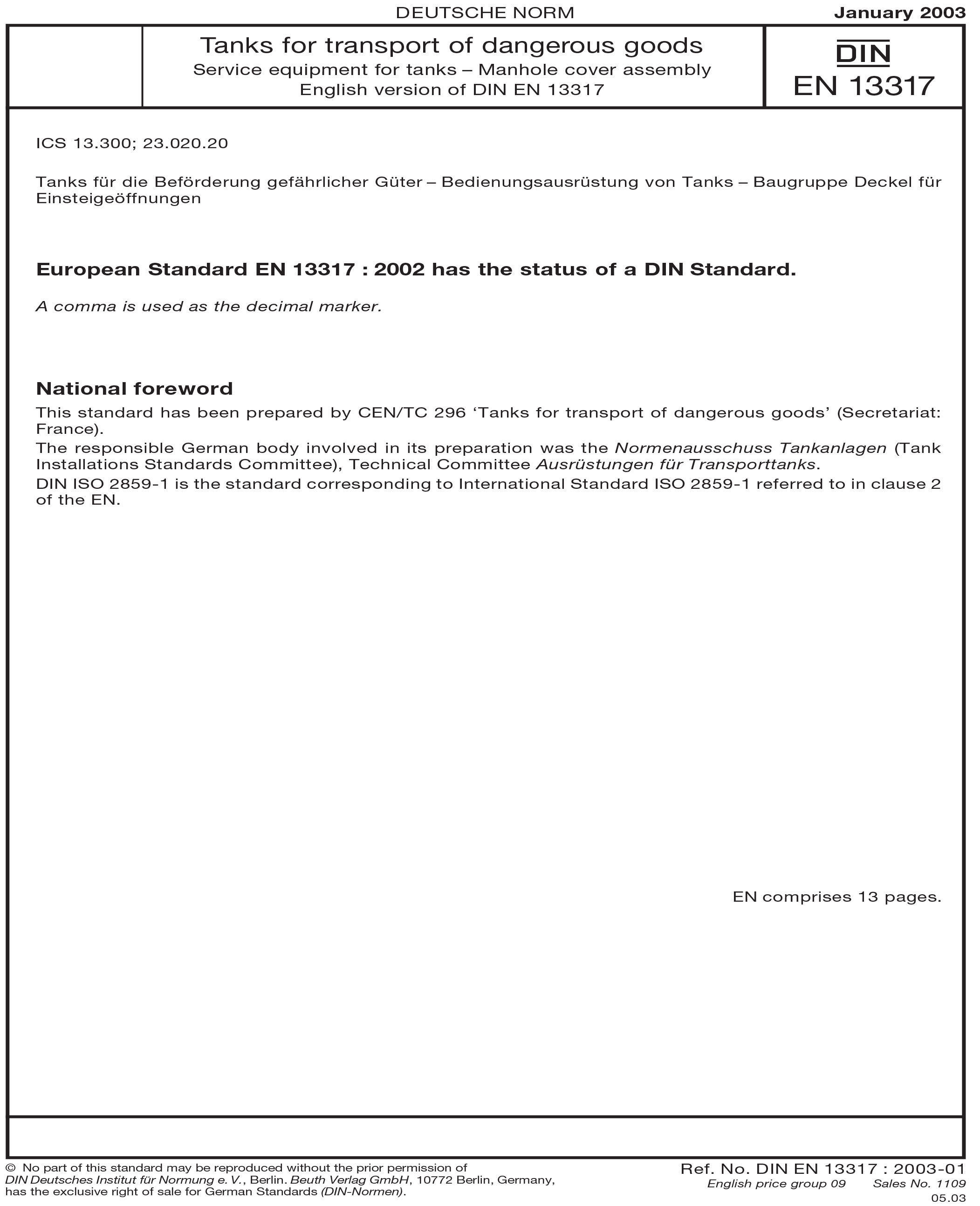 DIN EN 13317:2003 - Tanks for transport of dangerous goods - Service ...