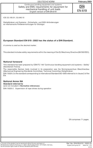 DIN EN 619:2003 - Continuous handling equipment and systems - Safety ...