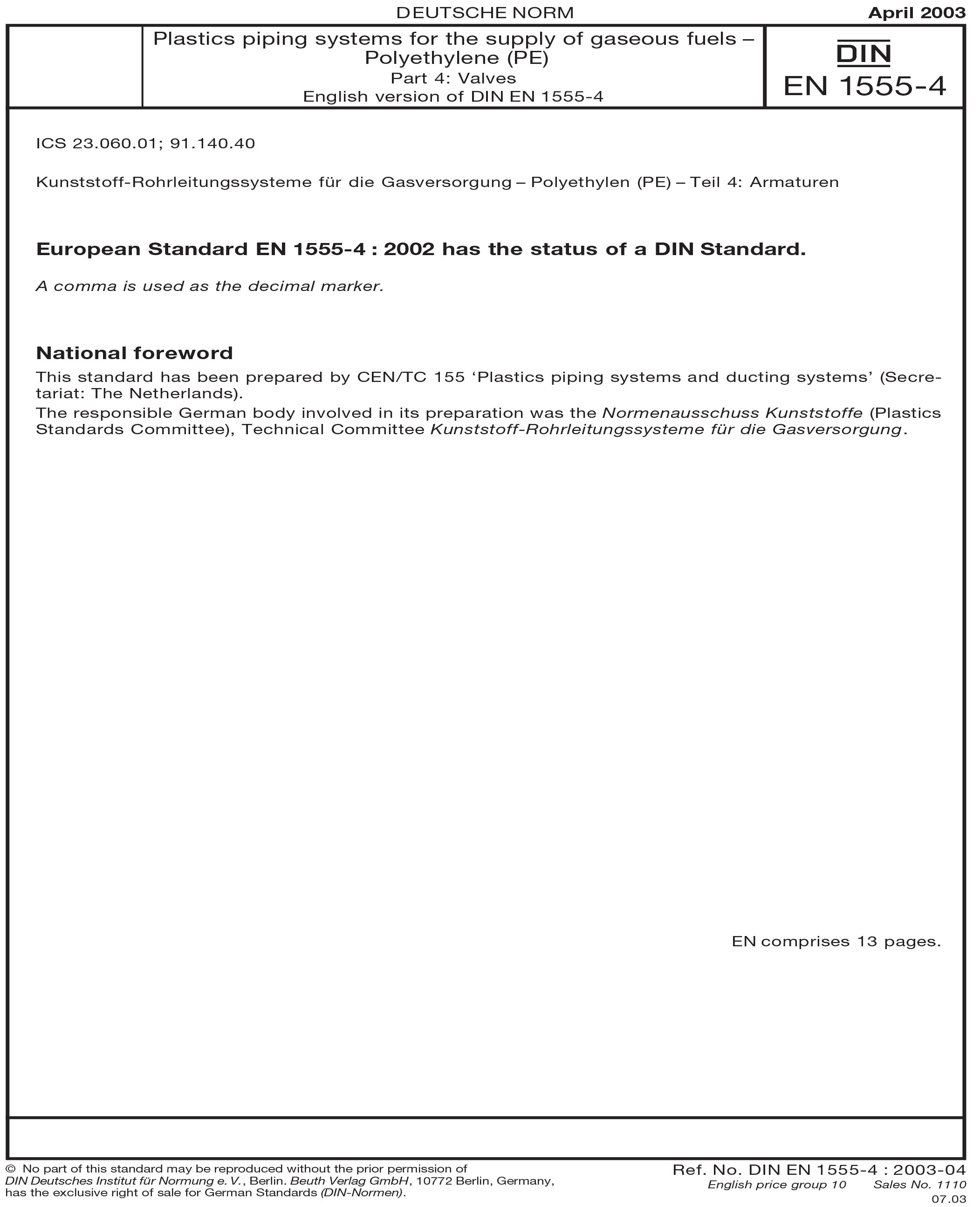 DIN EN 1555-4:2003 - Plastics piping systems for the supply of gaseous ...