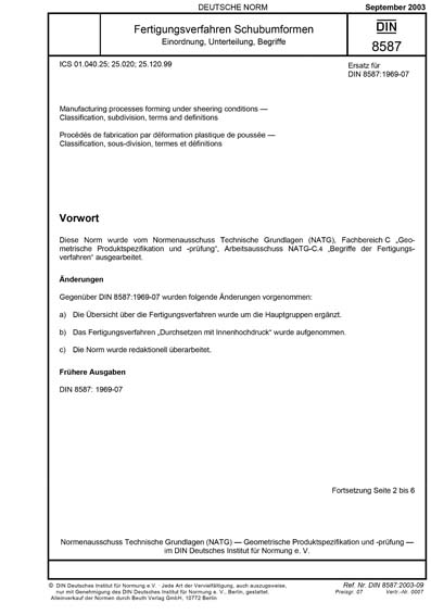 DIN 8587:2003 DE - Fertigungsverfahren Schubumformen - Einordnung ...