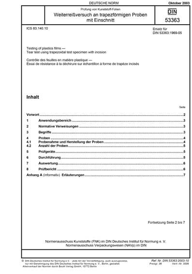 DIN 53363:2003 DE - Prüfung von Kunststoff-Folien - Weiterreißversuch ...