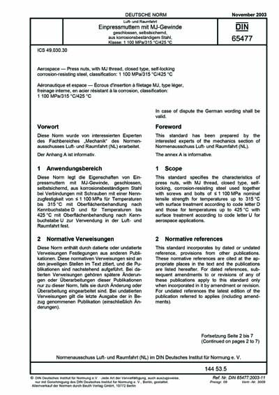 DIN 65477:2003 DE - Luft- und Raumfahrt - Einpressmuttern mit MJ ...