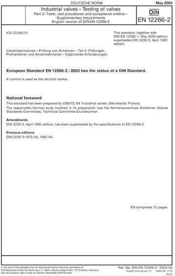 DIN EN 12266-2:2003 - Industrial valves - Testing of valves - Part 2 ...