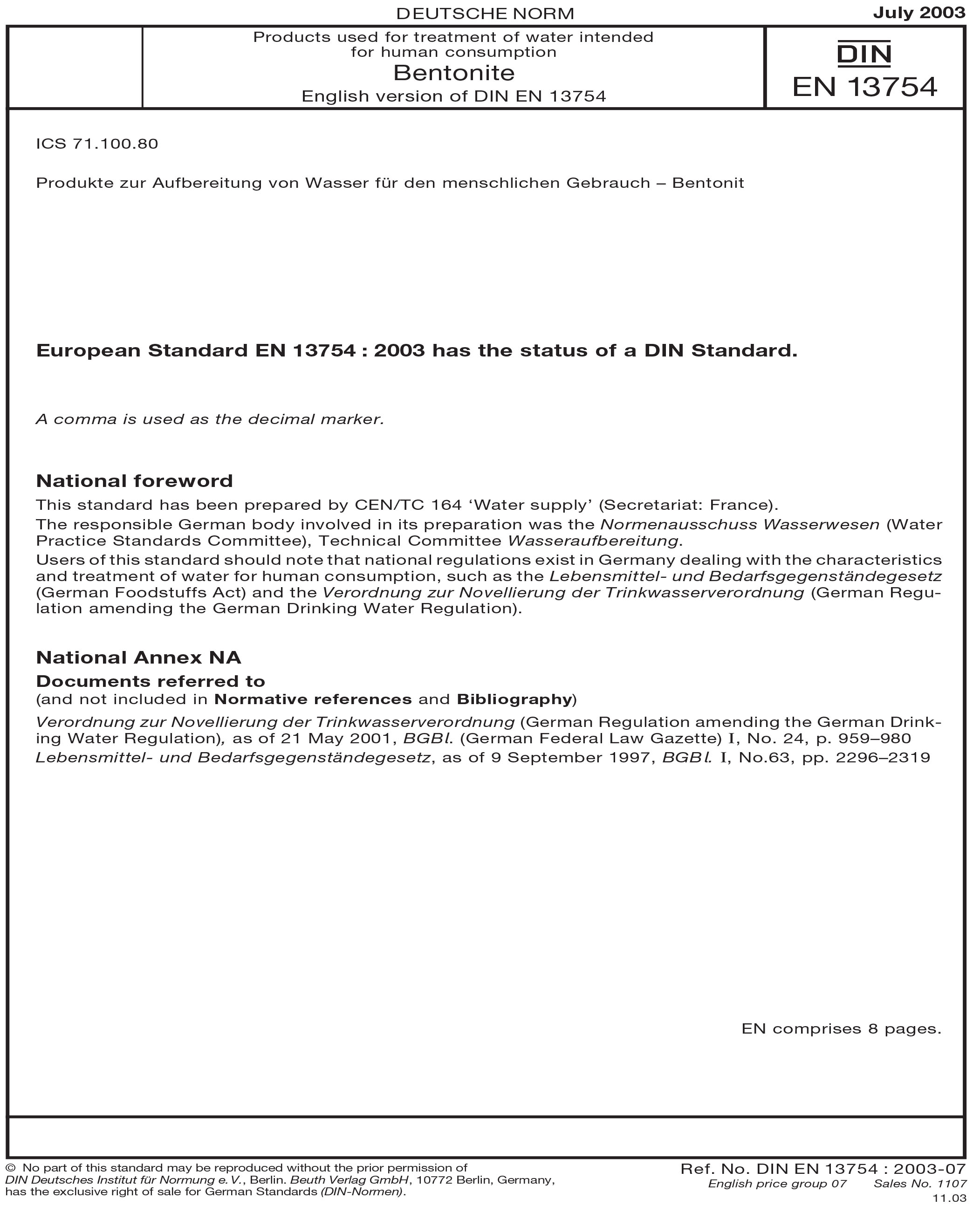 DIN EN 13754:2003 - Products used for treatment of water intended for ...