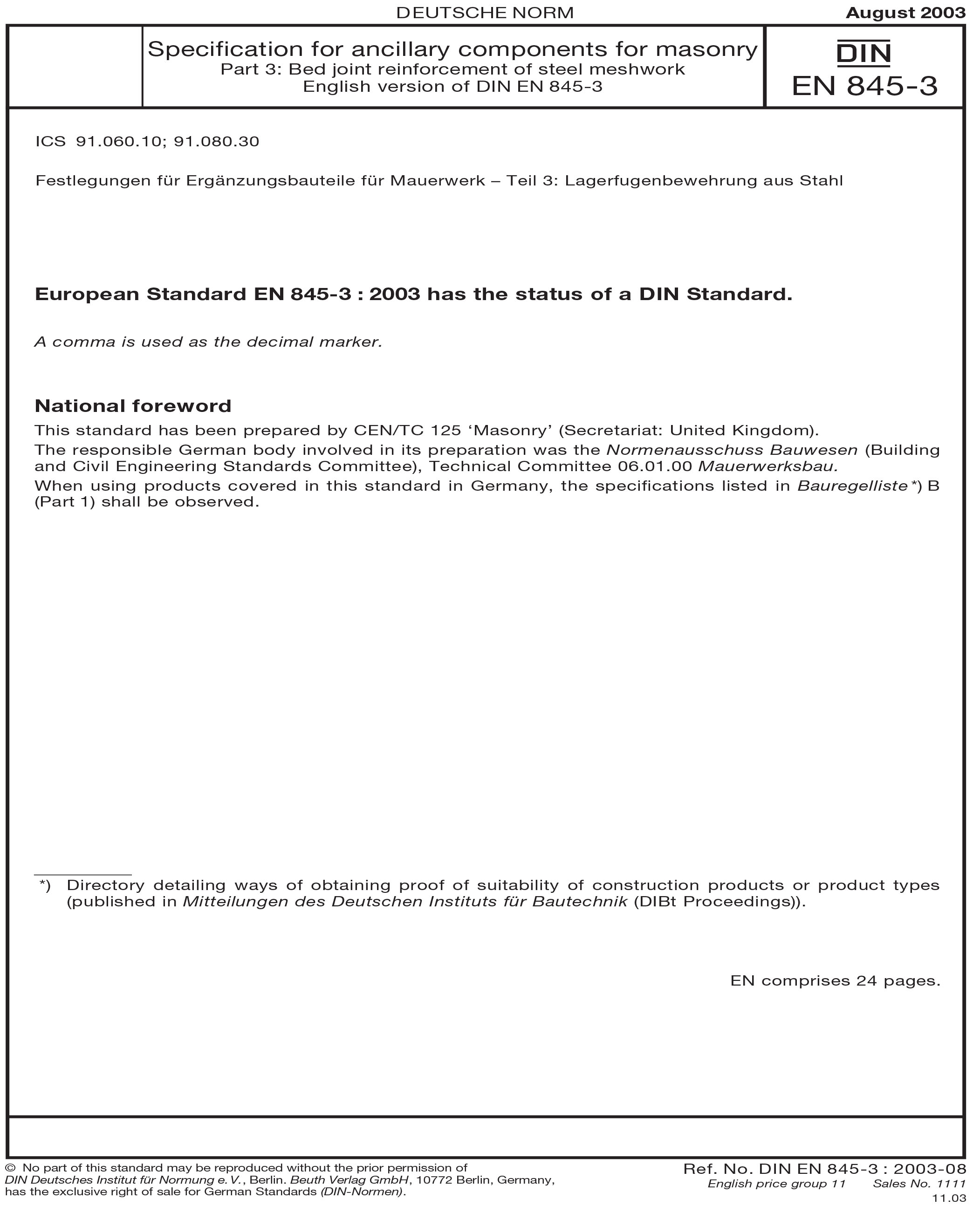 DIN EN 845-3:2003 - Specification for ancillary components for masonry ...