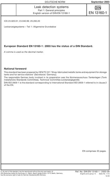 DIN EN 13160-1:2003 - Leak detection systems - Part 1: General ...