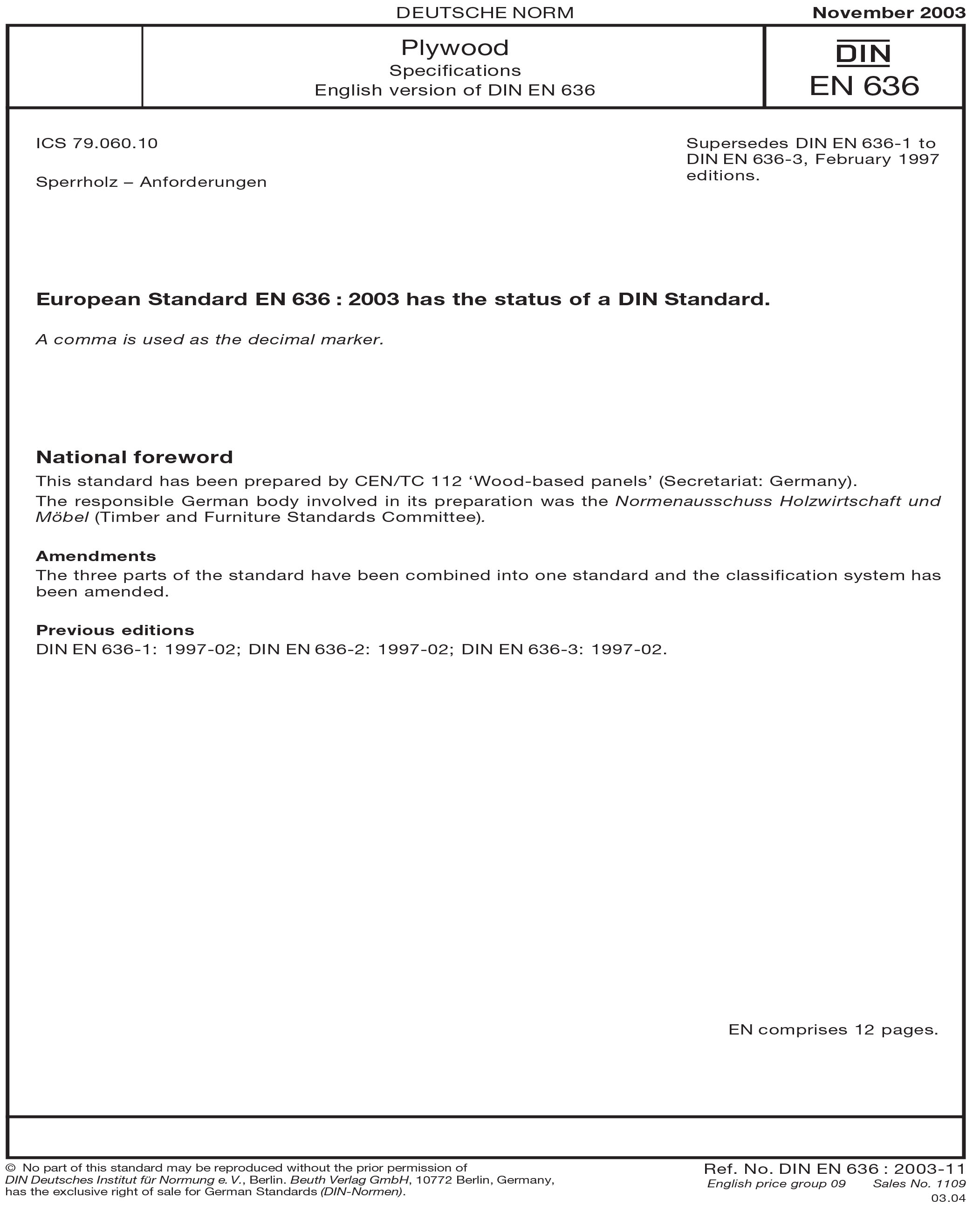 DIN EN 636:2003 - Plywood - Specifications (Foreign Standard)