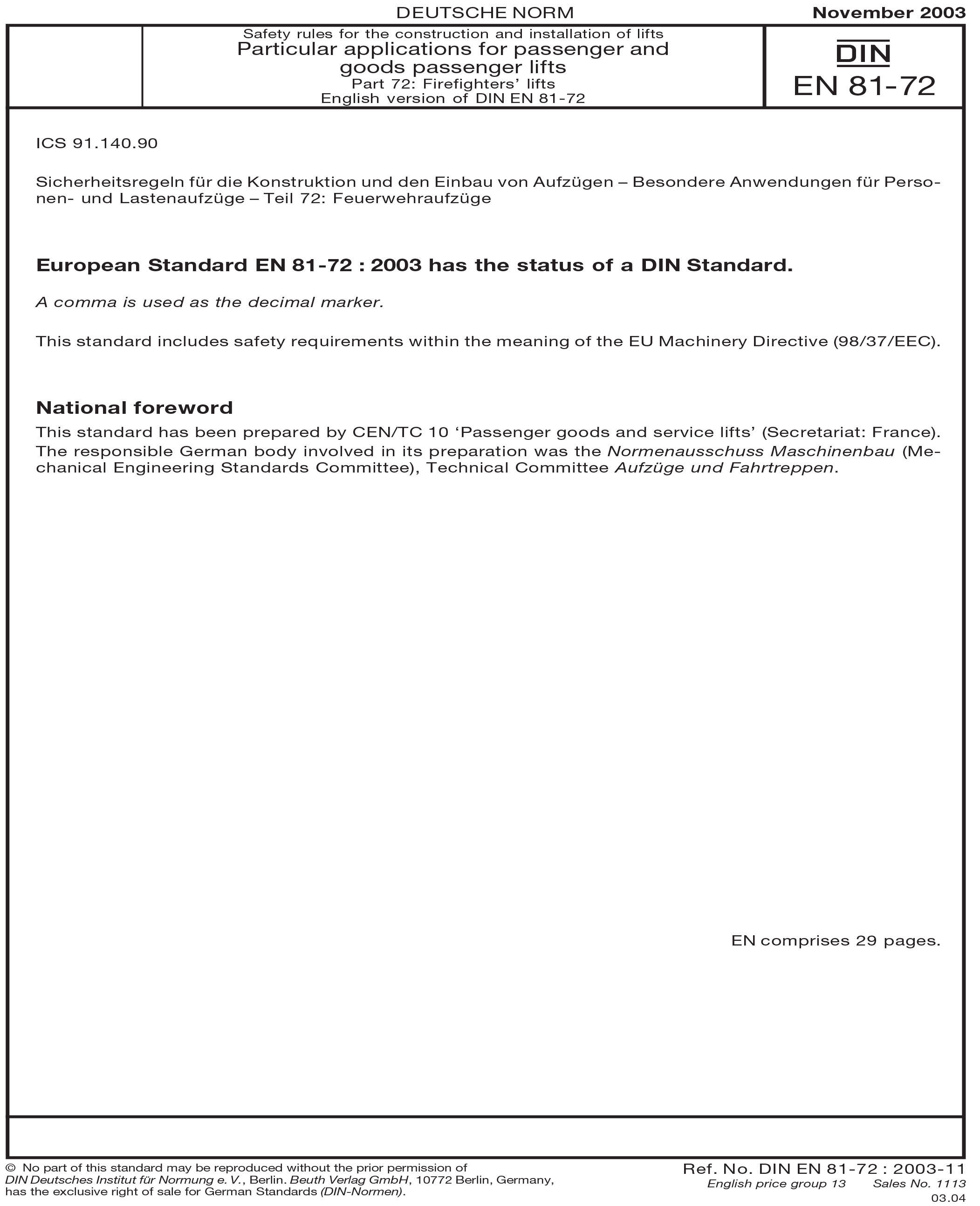 DIN EN 81-72:2003 - Safety rules for the construction and installation ...