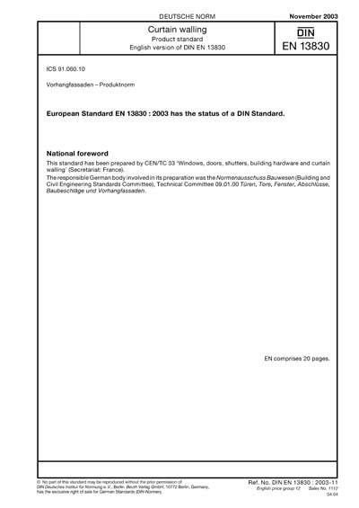 DIN EN 13830:2003 - Curtain walling - Product standard (FOREIGN STANDARD)