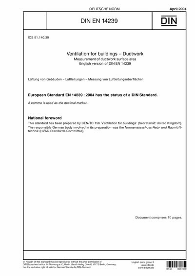 DIN EN 14239:2004 - Ventilation for buildings - Ductwork - Measurement ...