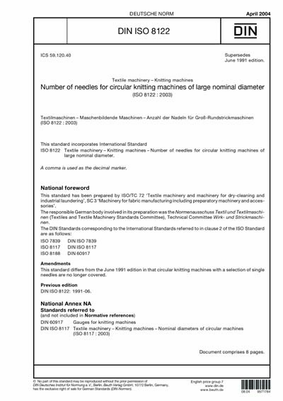 DIN ISO 8122:2004 - Textile machinery - Knitting machines - Number of ...