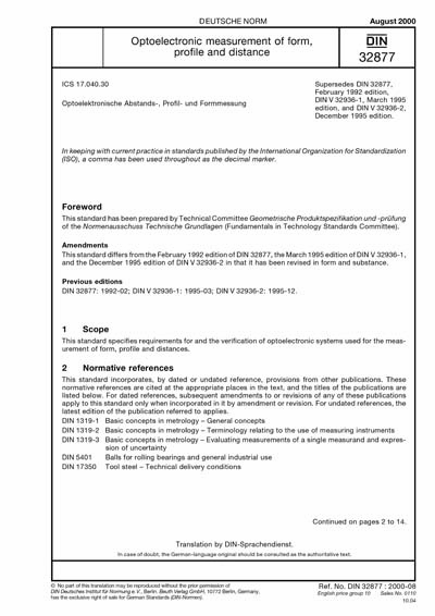 DIN 32877:2000 - Optoelectronic measurement of form, profile and distances