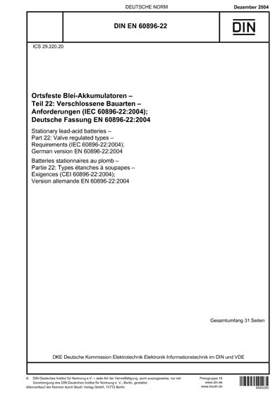 DIN EN 60896-22:2004 DE - Ortsfeste Blei-Akkumulatoren - Teil 22 ...