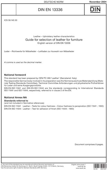 DIN EN 13336:2004 - Leather - Upholstery leather characteristics ...