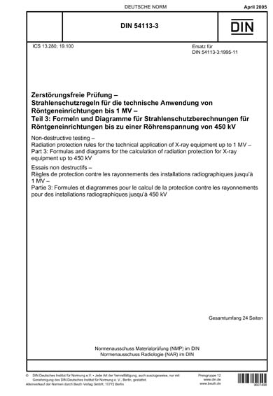 DIN 54113-3:2005 DE - Zerstörungsfreie Prüfung - Strahlenschutzregeln ...