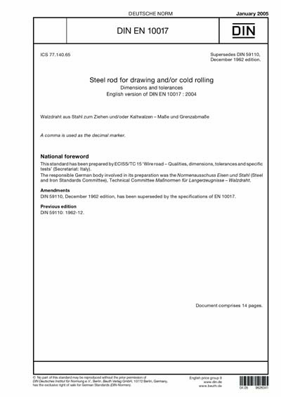 DIN EN 10017:2005 - Steel rod for drawing and/or cold rolling ...