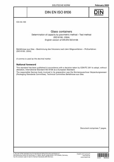 DIN EN ISO 8106:2005 - Glass containers - Determination of capacity by ...
