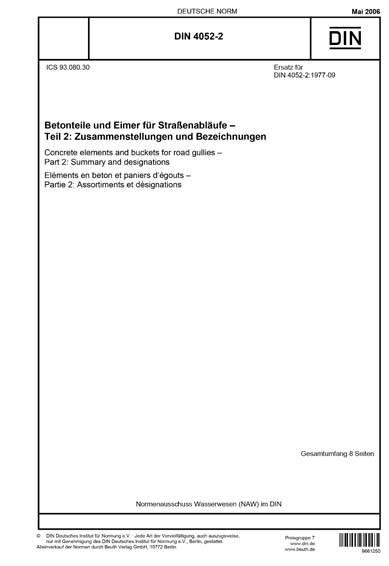 DIN 4052-2:2006 DE - Betonteile und Eimer für Straßenabläufe - Teil 2 ...