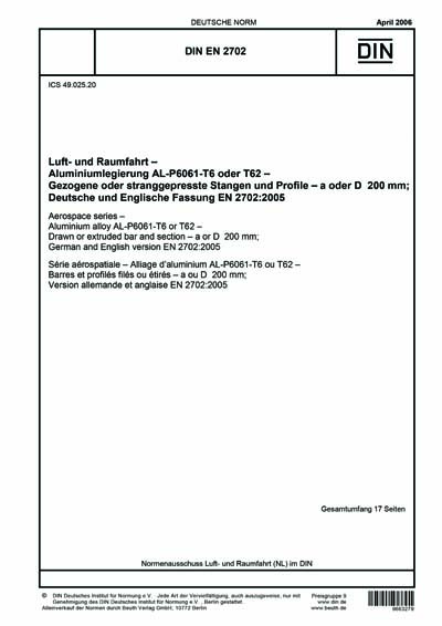 DIN EN 2702:2006 - Aerospace series - Aluminium alloy AL-P6061 - T6 or ...