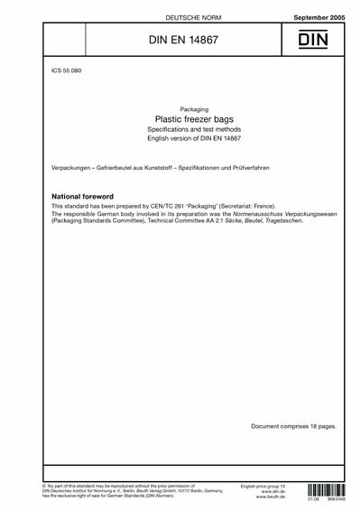 DIN EN 14867:2005 - Packaging - Plastic freezer bags - Specifications ...