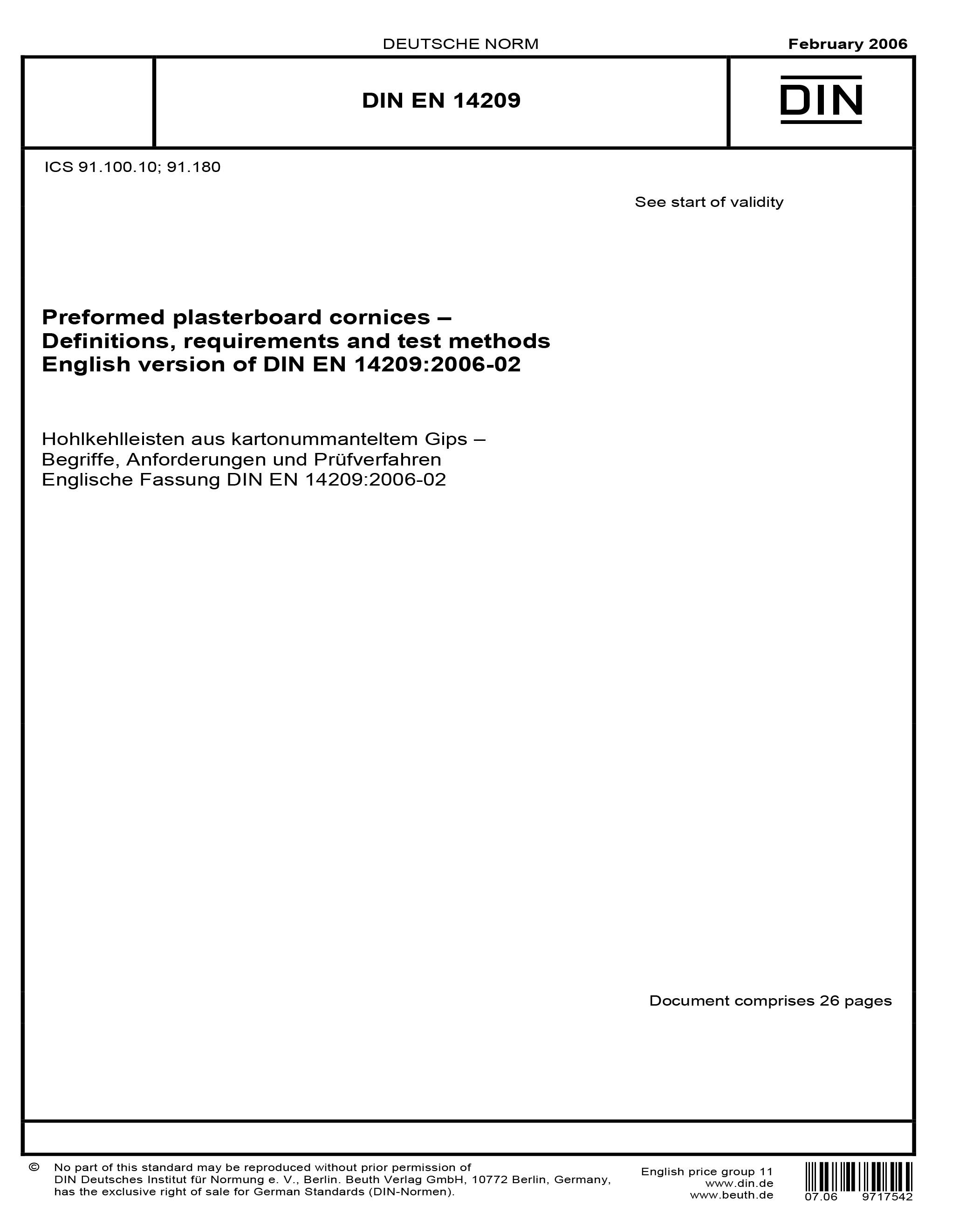 DIN EN 14209:2006 - Preformed plasterboard cornices - Definitions ...