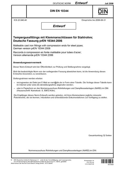 DIN EN 10344:2006 DE - Tempergussfittings mit Klemmanschlüssen für ...