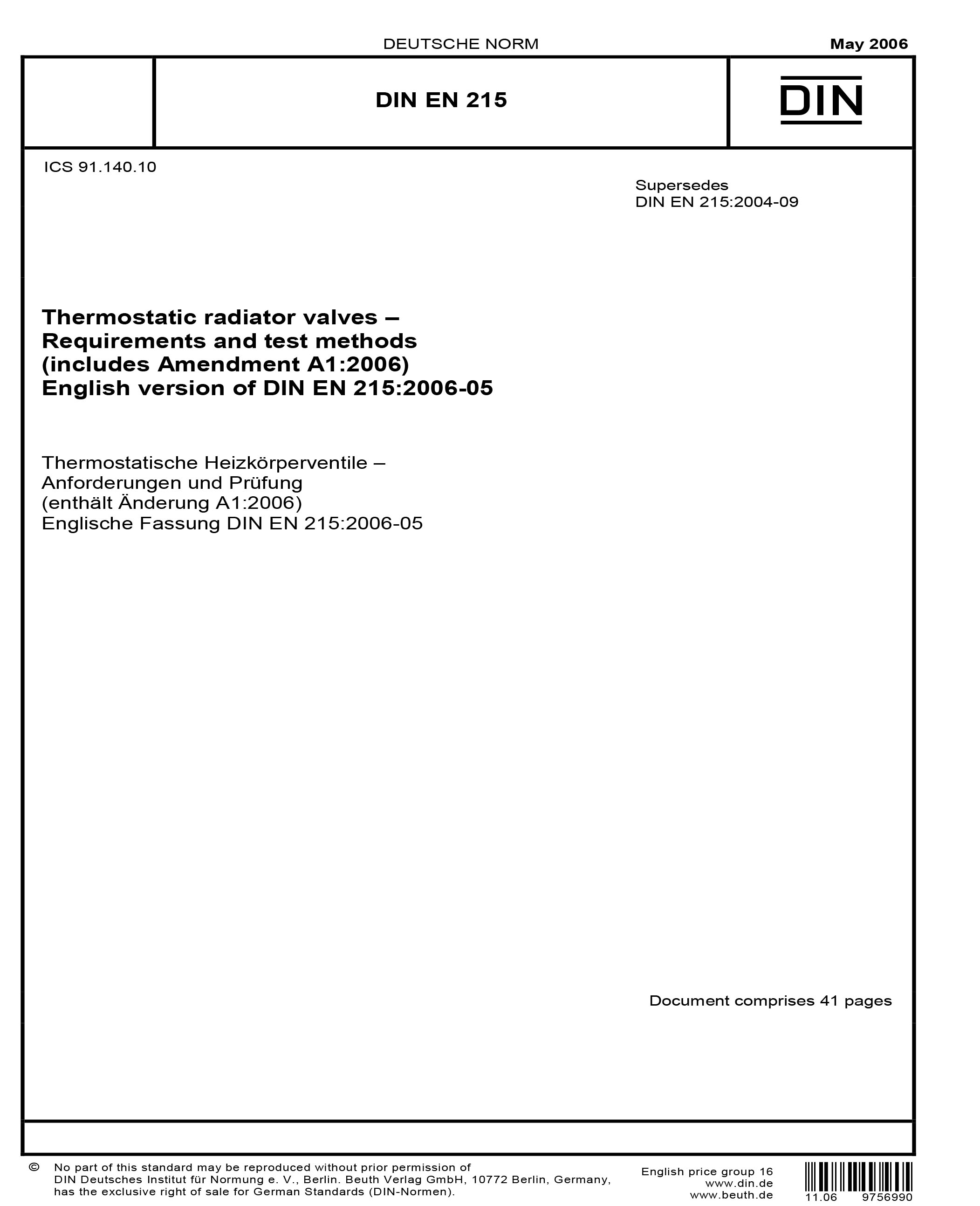 DIN EN 215:2006 - Thermostatic radiator valves - Requirements and test ...