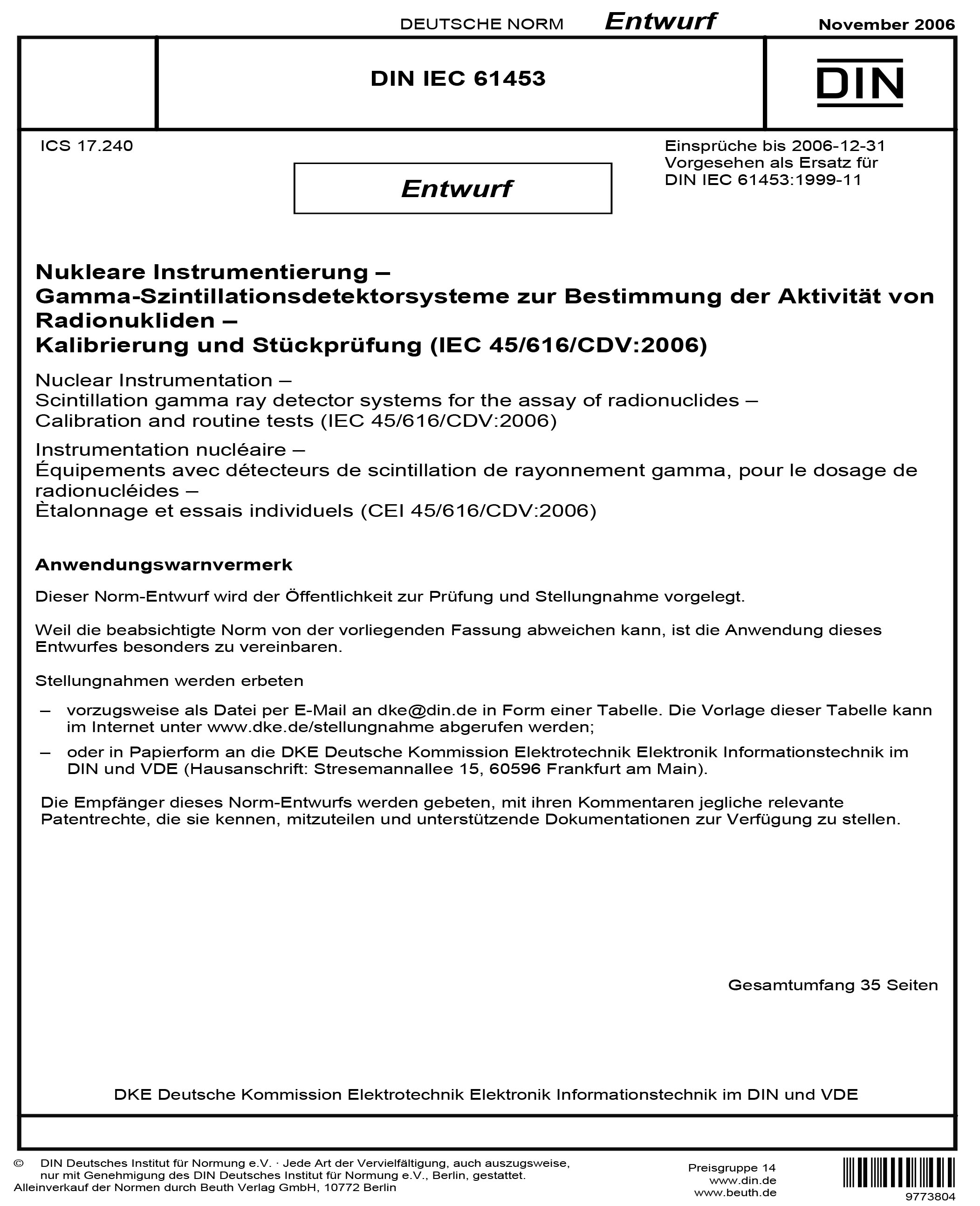 DIN IEC 61453:2006 - Nuclear Instrumentation - Scintillation gamma ray ...