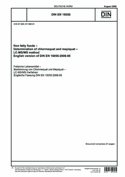 DIN EN 15055:2006 - Non fatty foods - Determination of chlormequat and ...