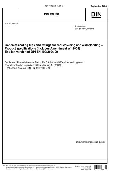 DIN EN 490:2006 - Concrete roofing tiles and fittings for roof covering ...