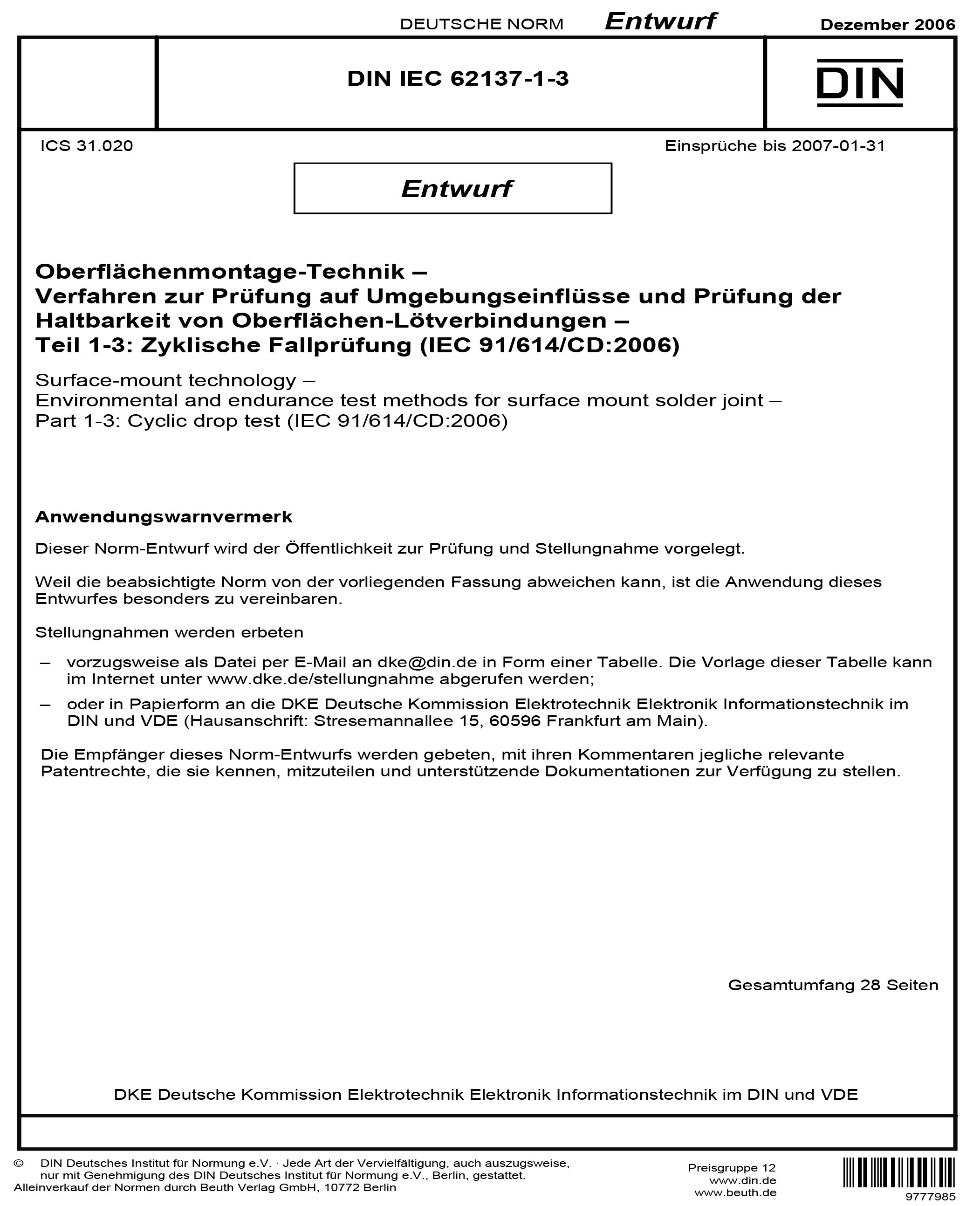 DIN IEC 62137-1-3:2006 - Surface-mount technology - Environmental and ...