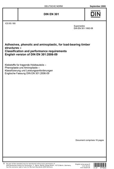 DIN EN 301:2006 - Adhesives, phenolic and aminoplastic, for load ...